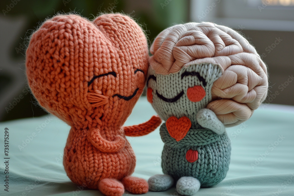 Heart and brain are hugging. Warm hugs of rational and emotion, mental ...