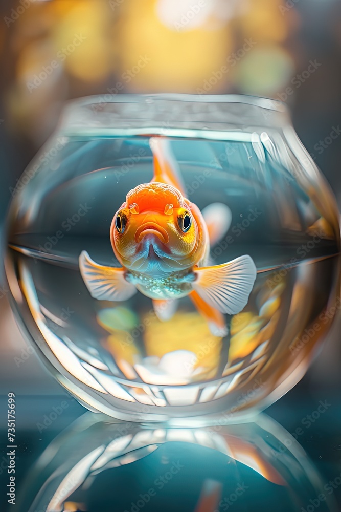 Single perfect oranda goldfish swimming in round aquarium. Close-up ...
