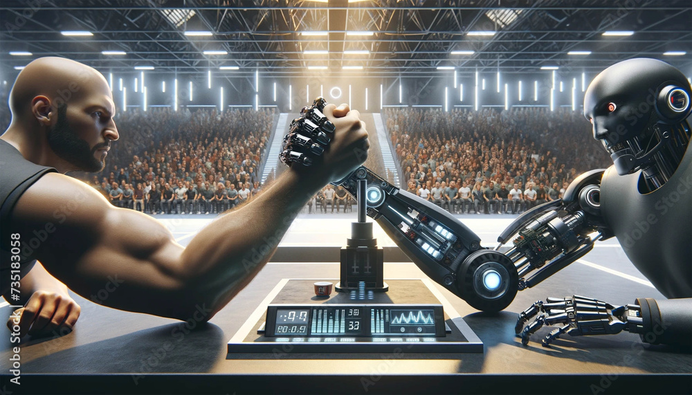 Photorealistic widescreen image of an intense arm wrestling match ...
