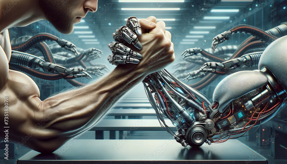 An image showing an intense arm wrestling match between a human arm and ...