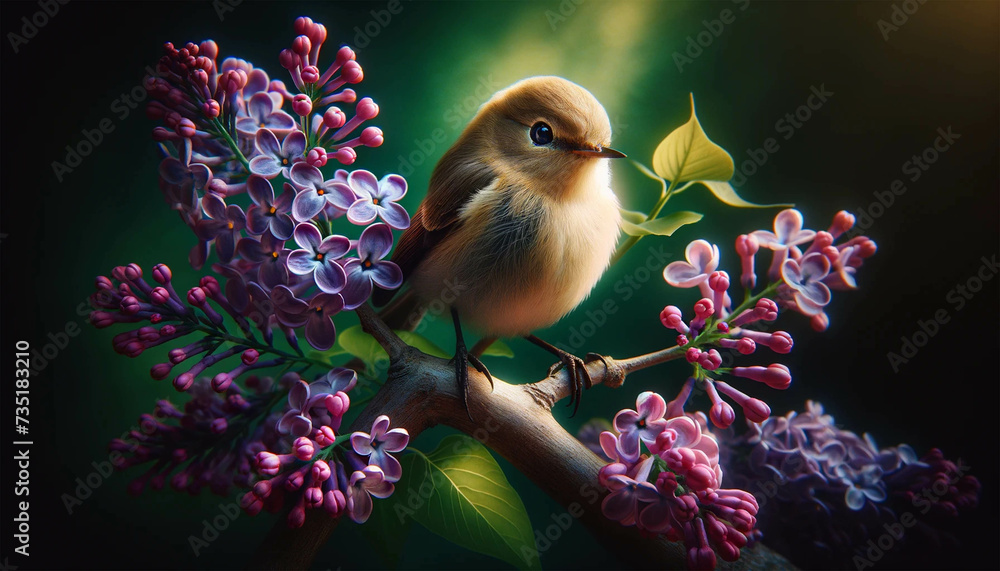 Photorealistic image in horizontal format of a small bird sitting ...