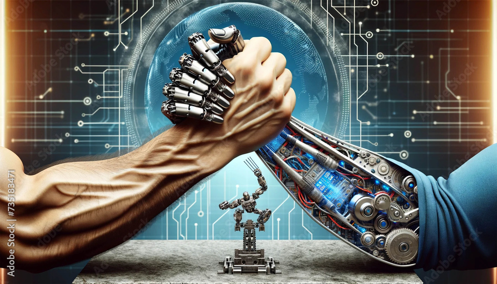 An image showing an intense arm wrestling match between a human arm and ...