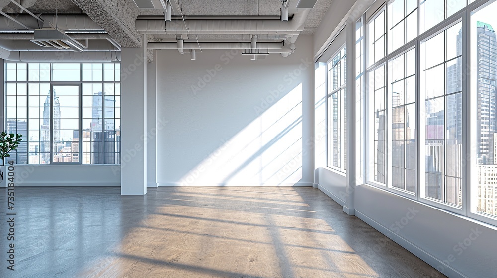Spacious empty room with front view on blank white walls, and windows ...