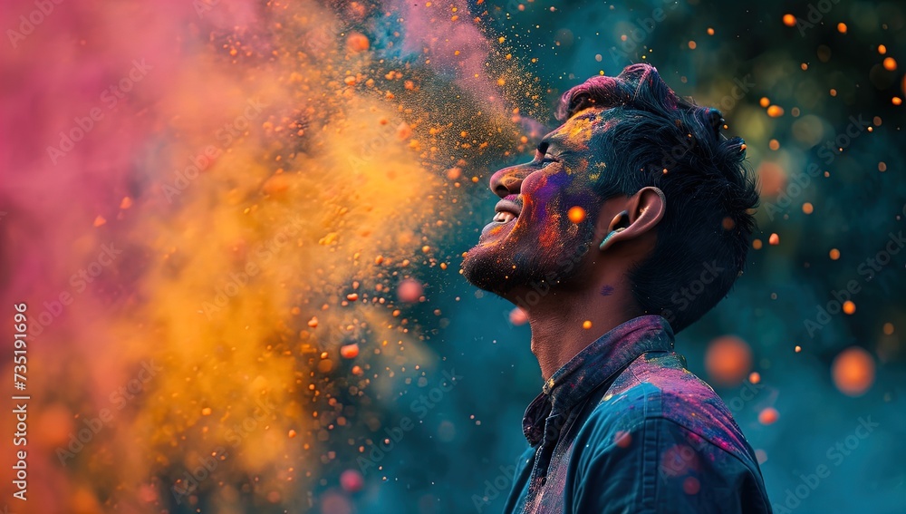Fototapeta Smile through the colors! A man grins amidst vibrant powder ...