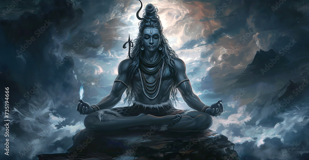 Ancient sculpture of a powerful Indian god on stormy cloudy sky ...