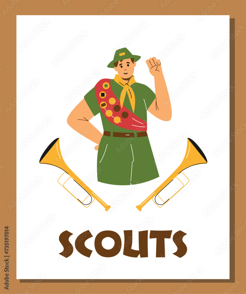 Boy in scout uniform, red ribbon with badges and trumpet fifes, Scouts ...