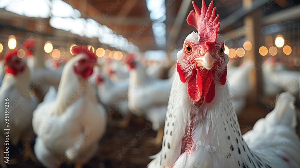 White chicken farm with eggs on farm. modern feeding hens in cages ...