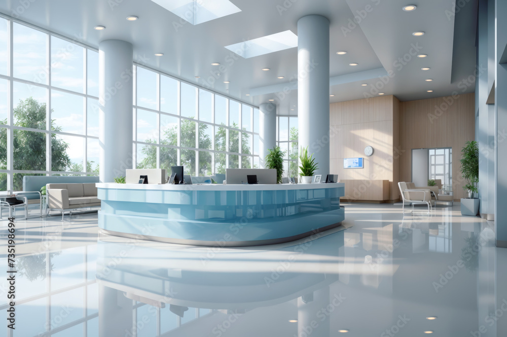 Hospital reception area with large windows. Modern interior design ...