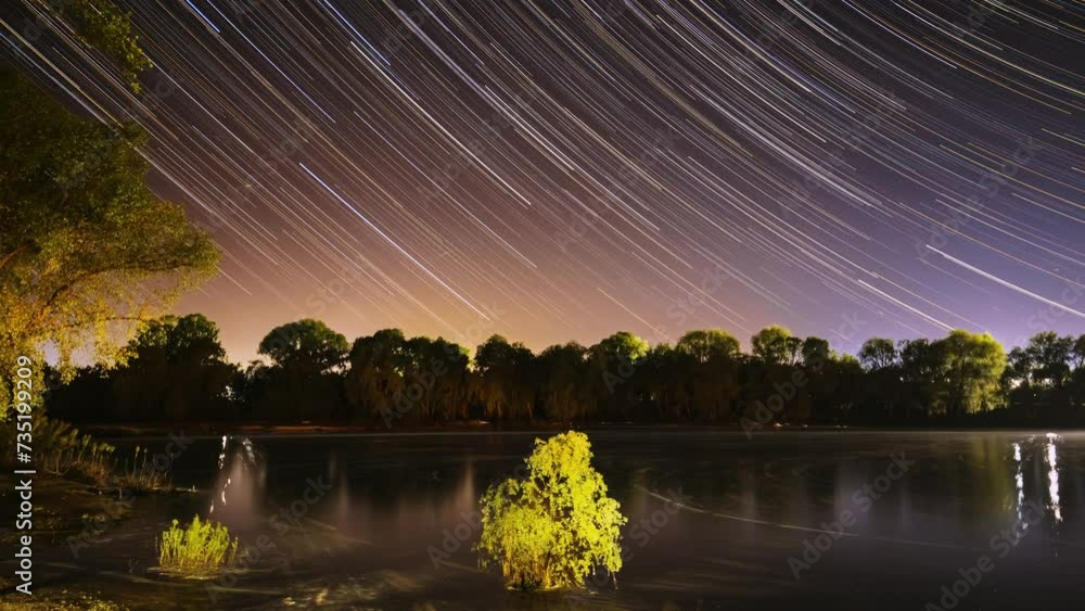 Amazing Starry Effects. 4k Timelapse Night Sky Above River. Star Trails ...