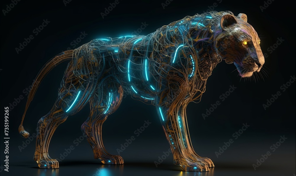 Digital lioness in glowing neon wires background. Feline 3d robot lion ...