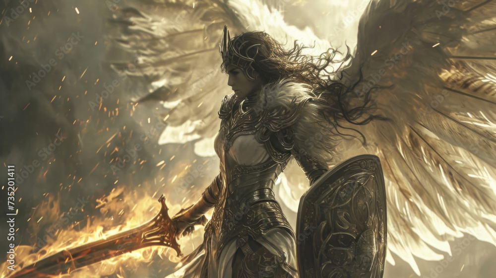A Valkyrie is depicted with a shield in one hand and a fiery sword in ...