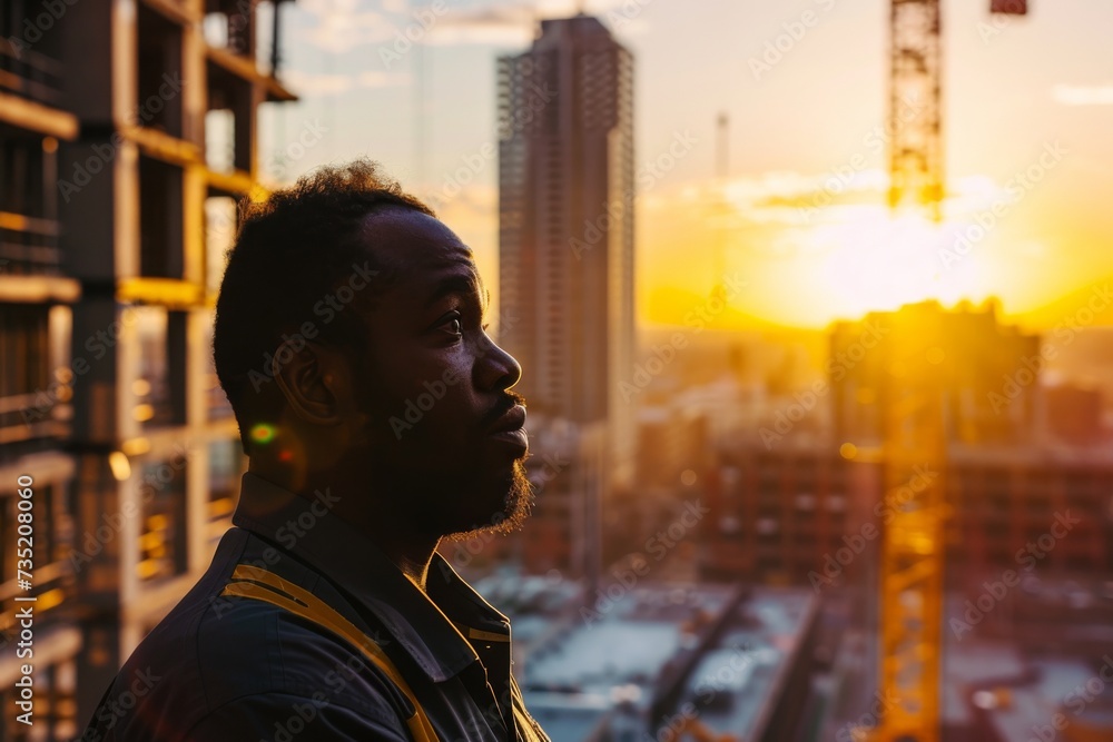 A solitary man stands atop a skyscraper, his face turned towards the ...