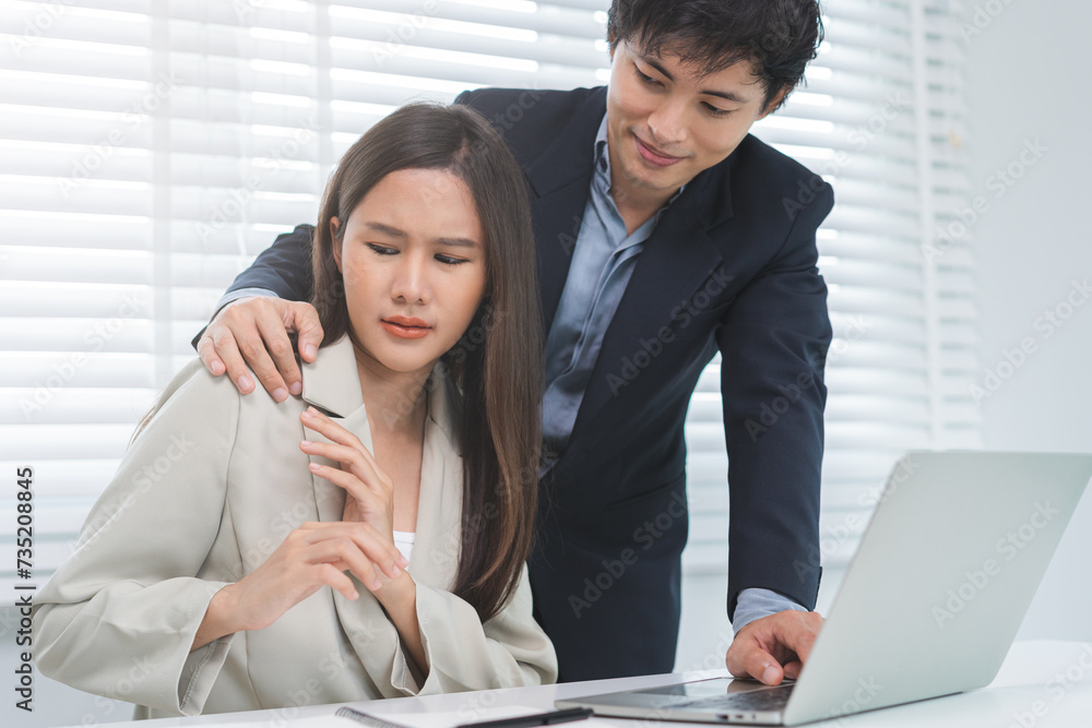 Unhappy, disgusted asian young employee, business woman defending hand ...