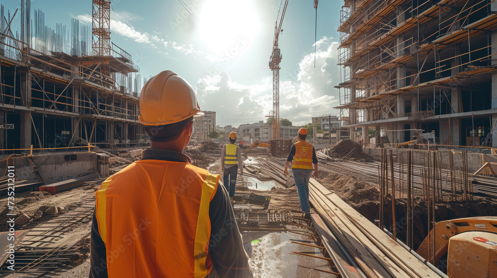 Workers working outside. construction workers and engineers with safety ...