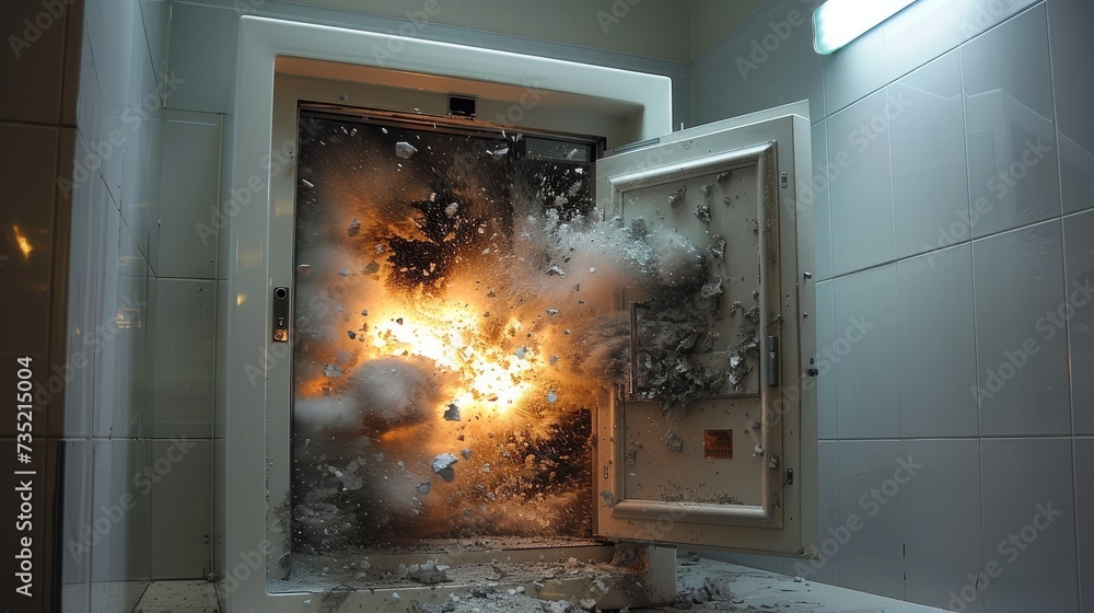 Shot of a safe door bursts open wall during attempted crack, Money safe ...