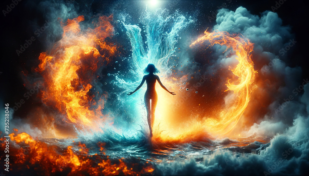 A surreal image of a female figure standing between two elemental ...