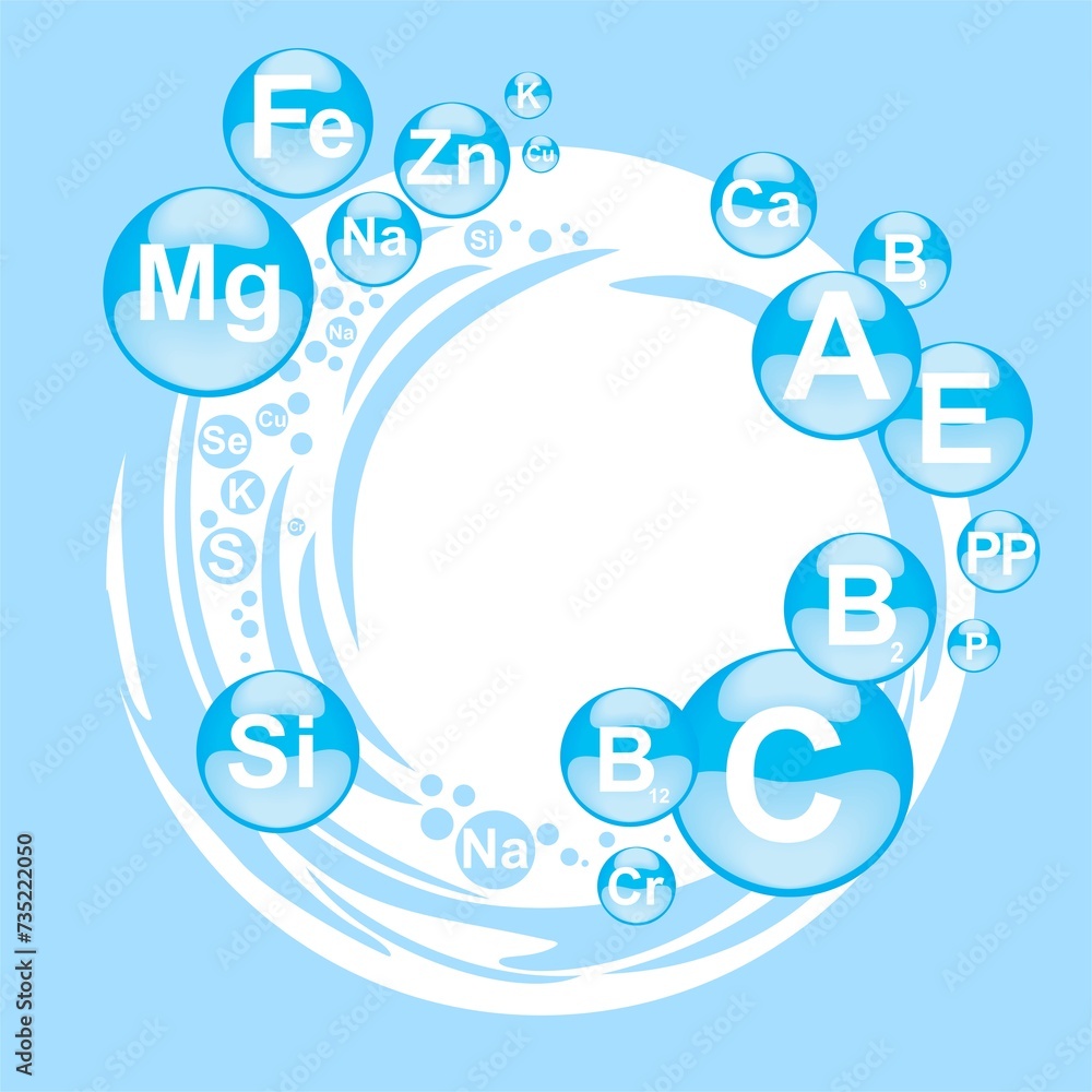 Multi Vitamin complex icons. Vitamin A, B1, B2, B6, B9, B12, C, D, E, K ...