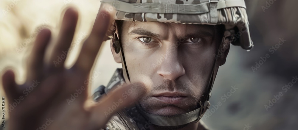 Portrait sad military soldier showing hand gesture to stop the war ...