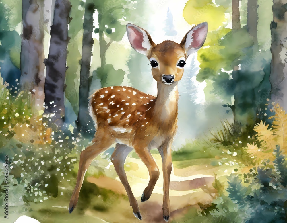 little deer fawn on the ice and in the forest, watercolor drawing for ...