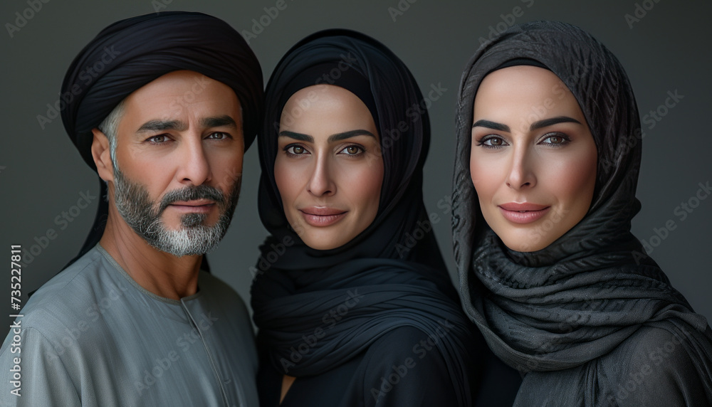 Arab man and woman in traditional attire pose for group portrait in ...