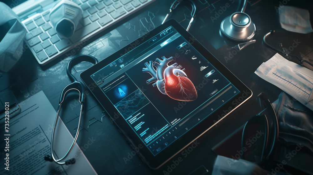 A tablet displaying a 3D holographic image of a human heart with ...
