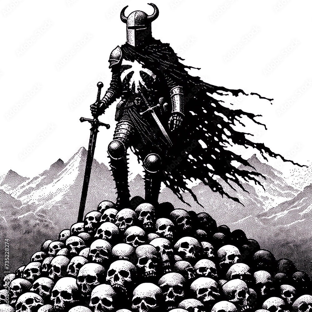 death knight walking on a mountain made entirely of skulls, depicted in ...