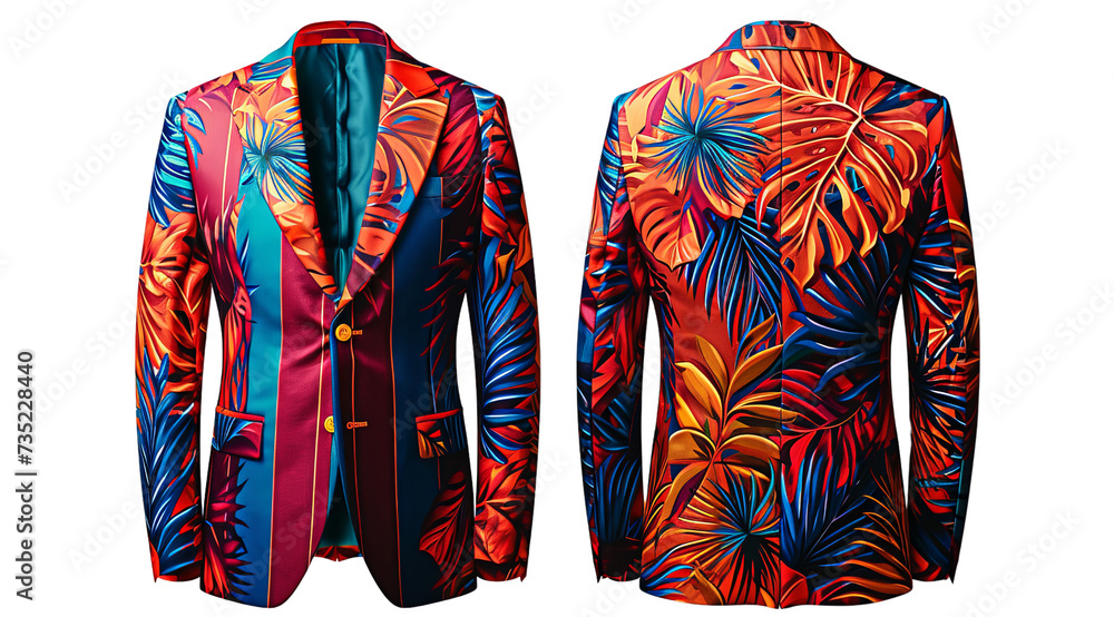 Vibrant suit with motley pattern, mock up set, front and back view ...