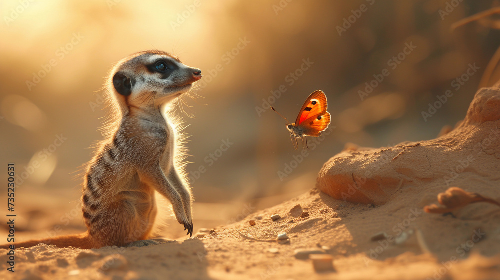 Meerkat standing on the ground looking at a butterfly flying by Stock ...