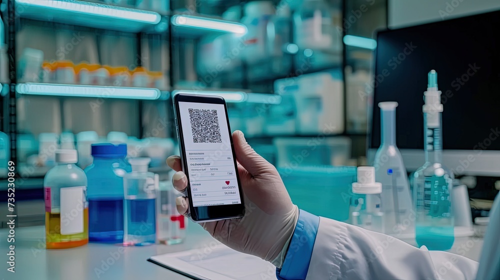 Scientists hands holding mobile phone with QR code on screen. Instant ...