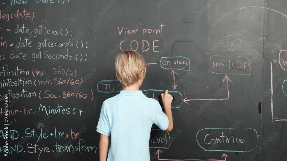 Back view of student writing engineering prompt on blackboard. Handsome clever child or boy ...
