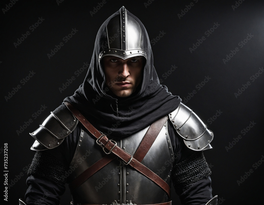 Medieval dark knight in armor and hood, side portrait isolated on black ...