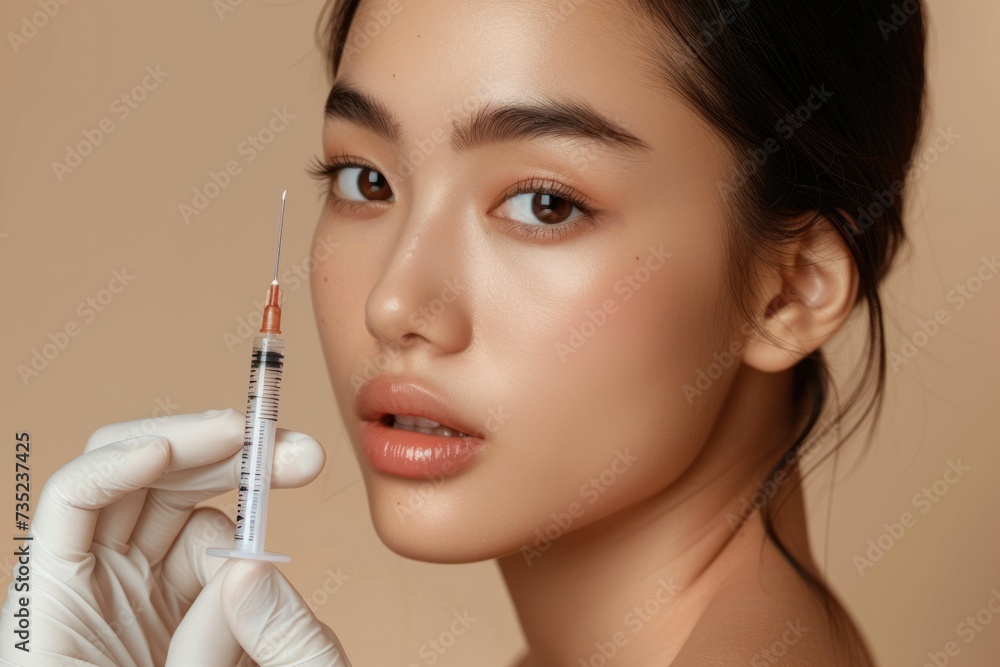 Young Asian woman with clean radiant skin gets botox injections for ...