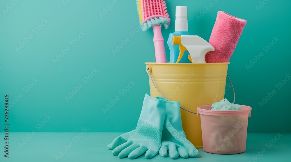 Spring cleaning essentials in a bright yellow bucket. vibrant colors ...
