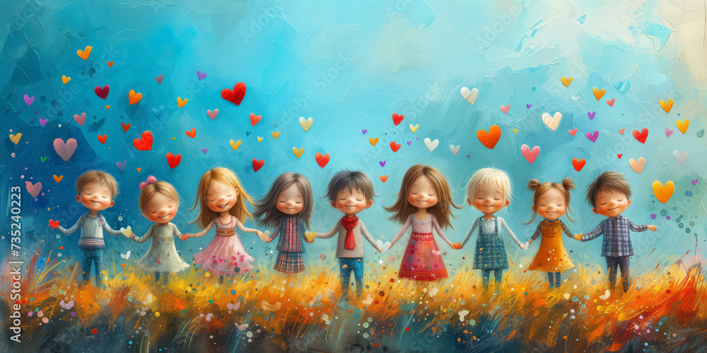 Happy children holding hands, hearts in the sky, love, emotion and ...