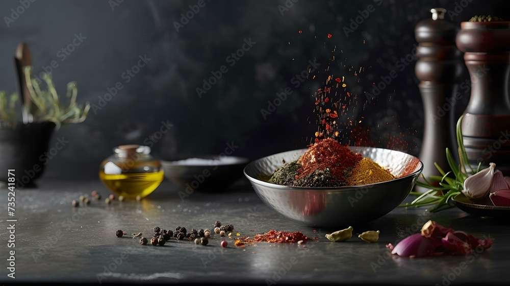 Elegant culinary scene with spices splashing into a bowl of soup ...
