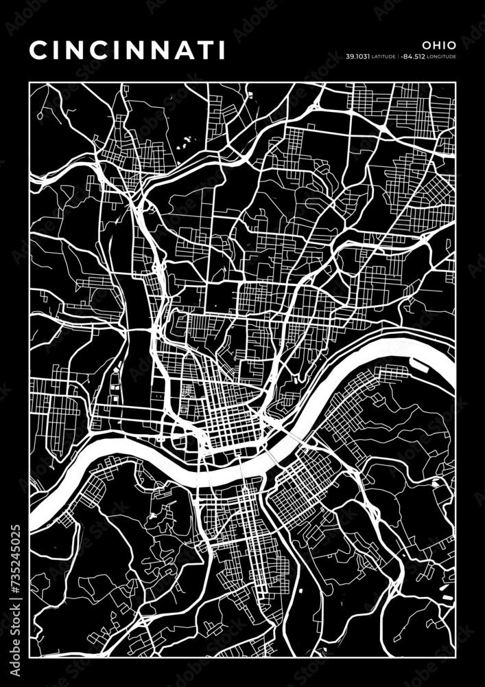 Cincinnati City Map, Cartography Map, Street Layout Map Stock Vector ...