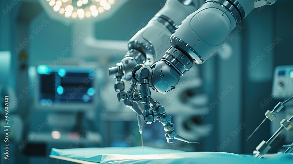 A robotic surgical arm is shown performing a delicate medical procedure, showcasing the ...