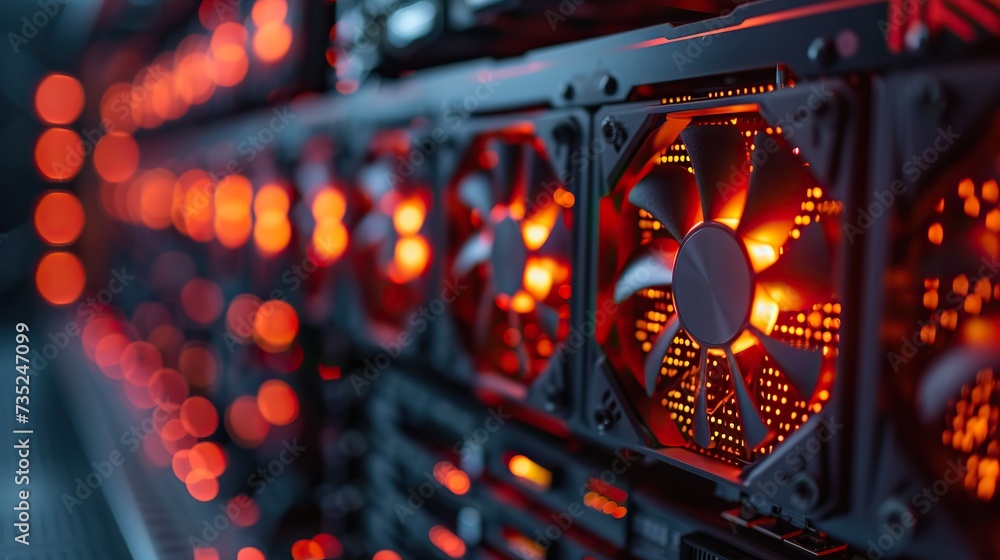 Focused image of active red cooling fans on servers, highlighting the ...