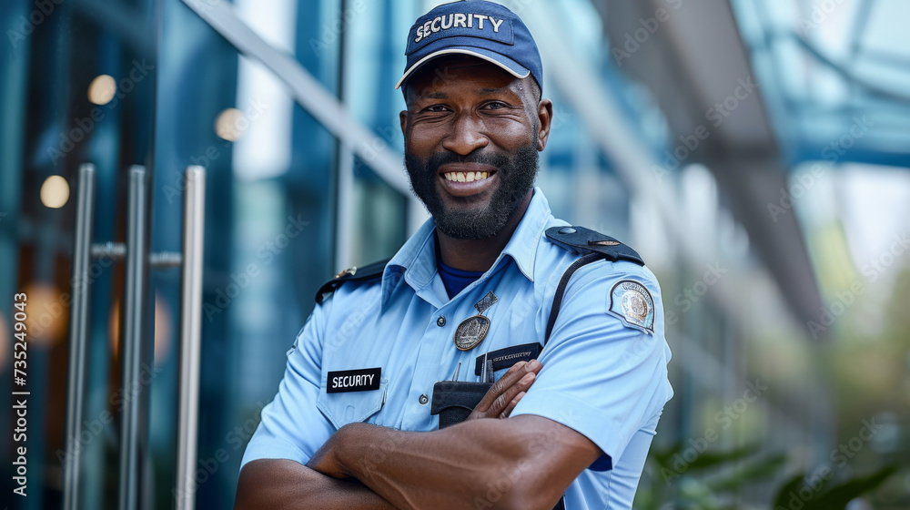 smiling security guard with a beard, standing confidently with his arms ...