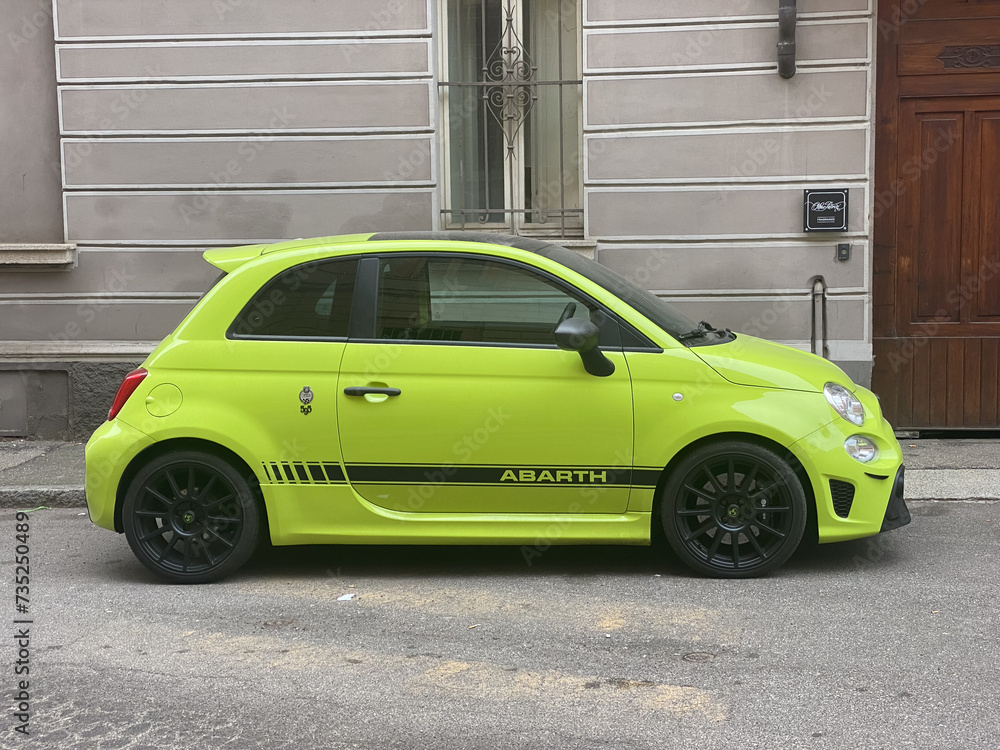 green fiat 595 competizione tuned abarth parked in the street Stock ...