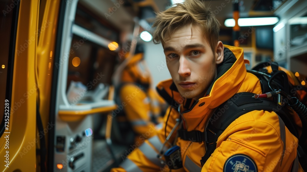 Paramedic providing care in an ambulance, calm and focused, a life ...