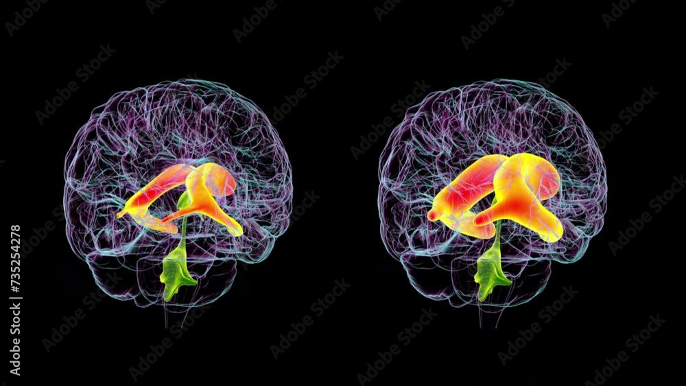 Enlarged (hydrocephalus, right side of the animation) and normal (left ...