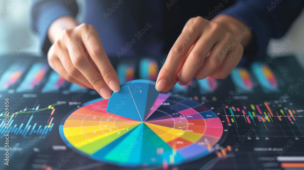 pair of hands are adjusting a large, tactile pie chart on a digital ...