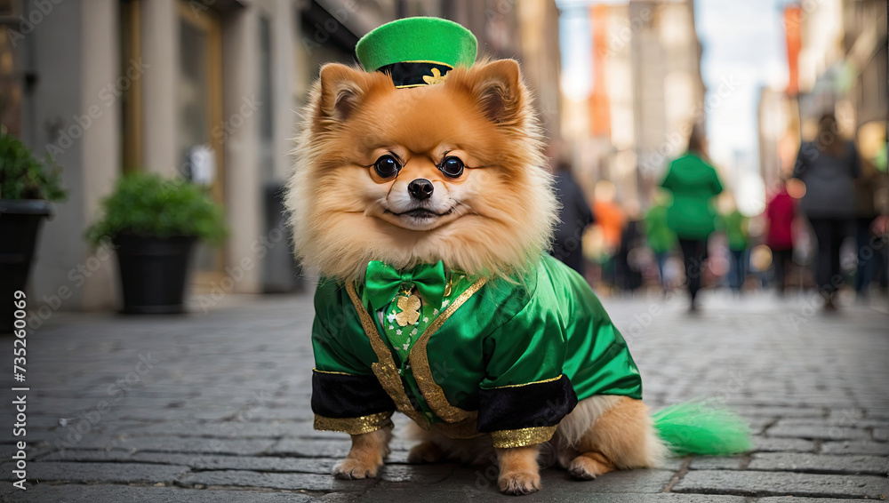 A ginger dog of the German Spitz breed in a green suit with clover for ...