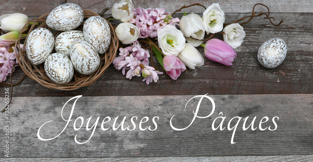 Carte de Pâques Joyeuses Pâques : œufs de Pâques avec fleurs et vœux de ...