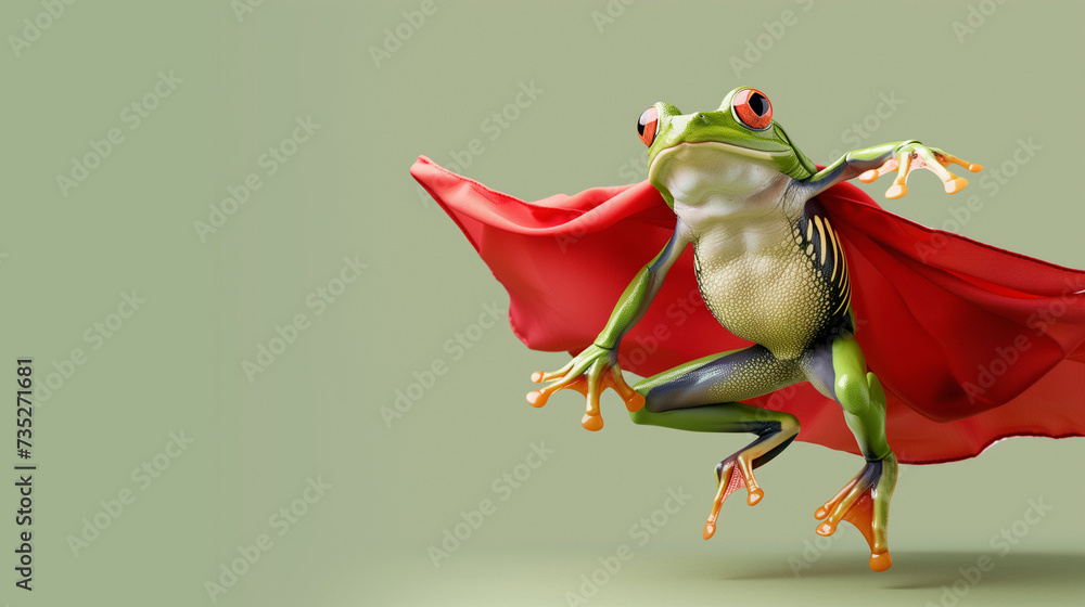Superhero green frog jumping and flying in the air with red superhero ...