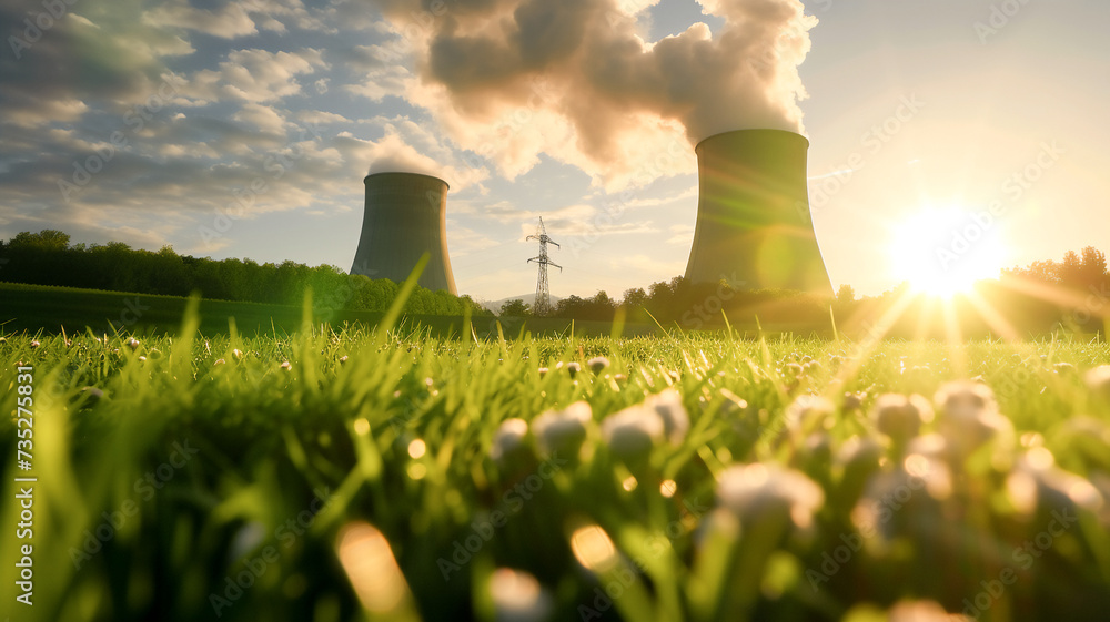 Nuclear power plant with beautiful green field , Eco-friendly power ...