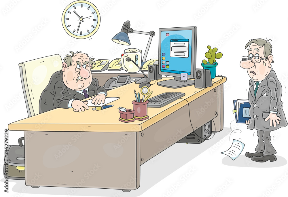 Angry boss at his work desk in an office and a sad fired employee after ...