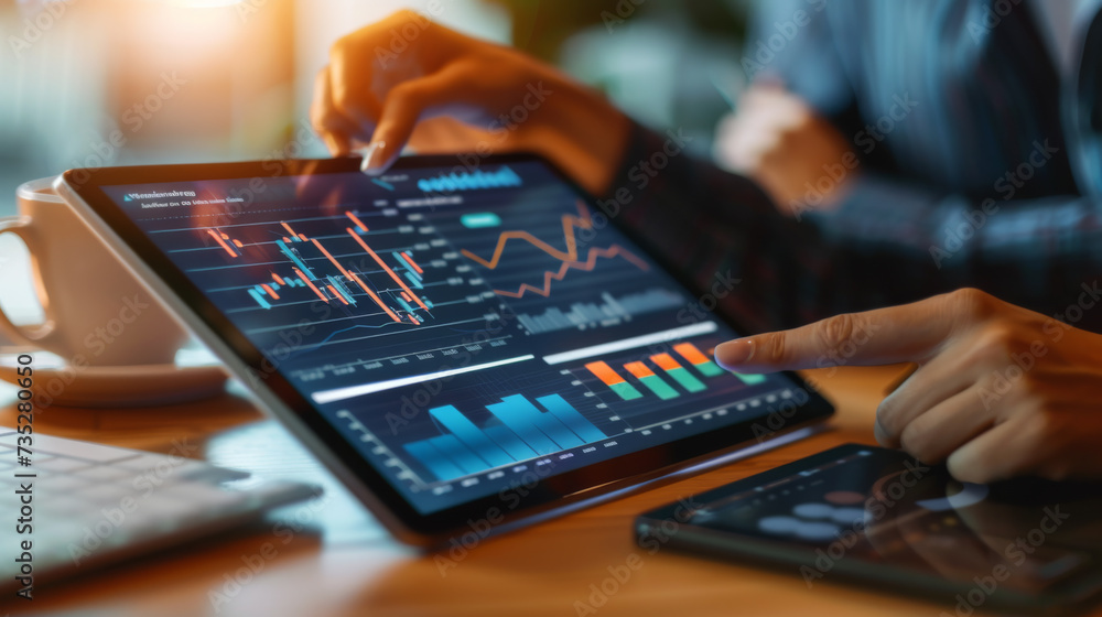 person analyzing data on a tablet, with a focus on the hand touching ...