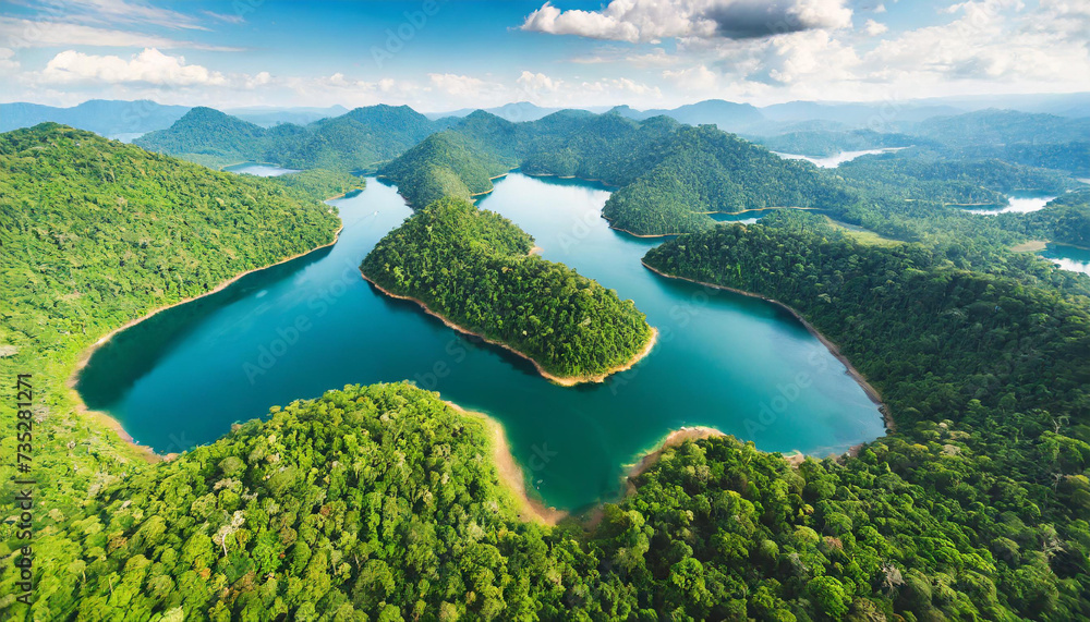 Sustainable habitat world concept. Distant aerial view of a dense ...